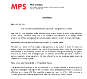 Acquisition of E.I. Design Private Limited by MPS Interactive Systems ...