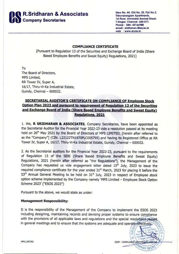 ESOP Certificate and Register for Inspection - MPS Limited, MPS ...